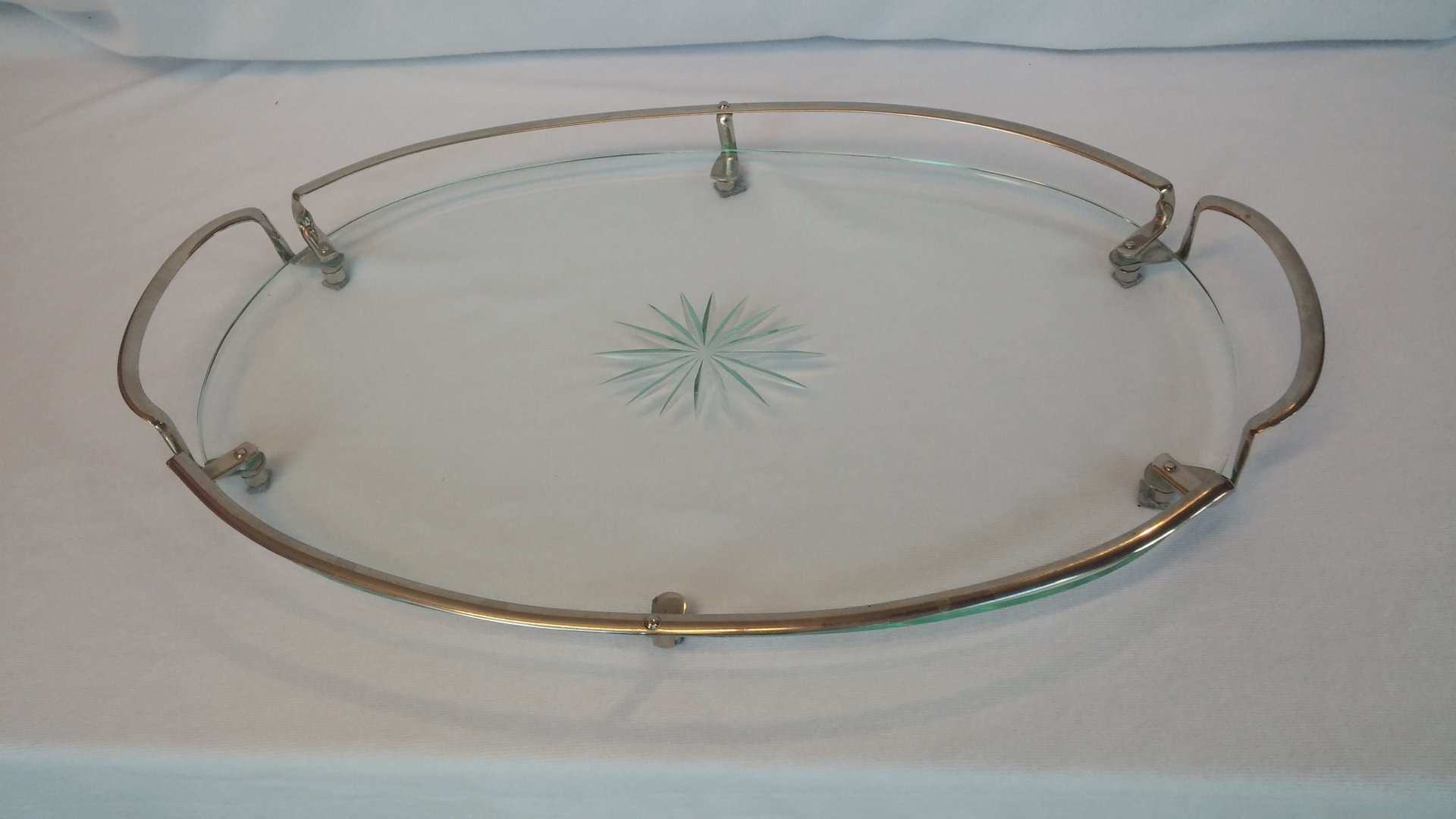 Mid-Century Oval Glass Tray with Chrome Handles for sale at Pamono